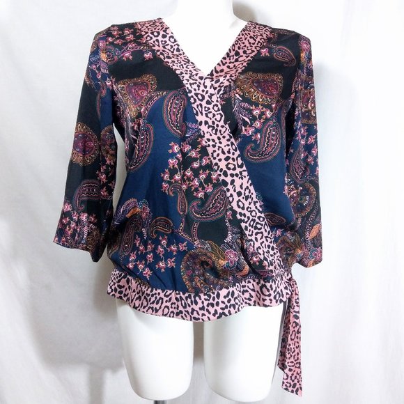 dressbarn | Tops | Nwt Dressbarn Faux Wrap Kimono Leopard Paisley Top ...